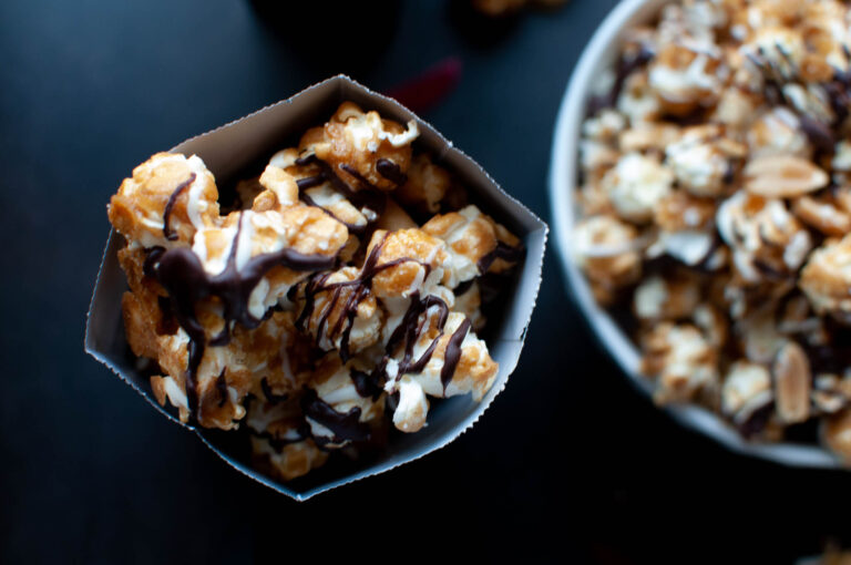 Chocolate Drizzle Caramel Popcorn - Eating Between the Lines